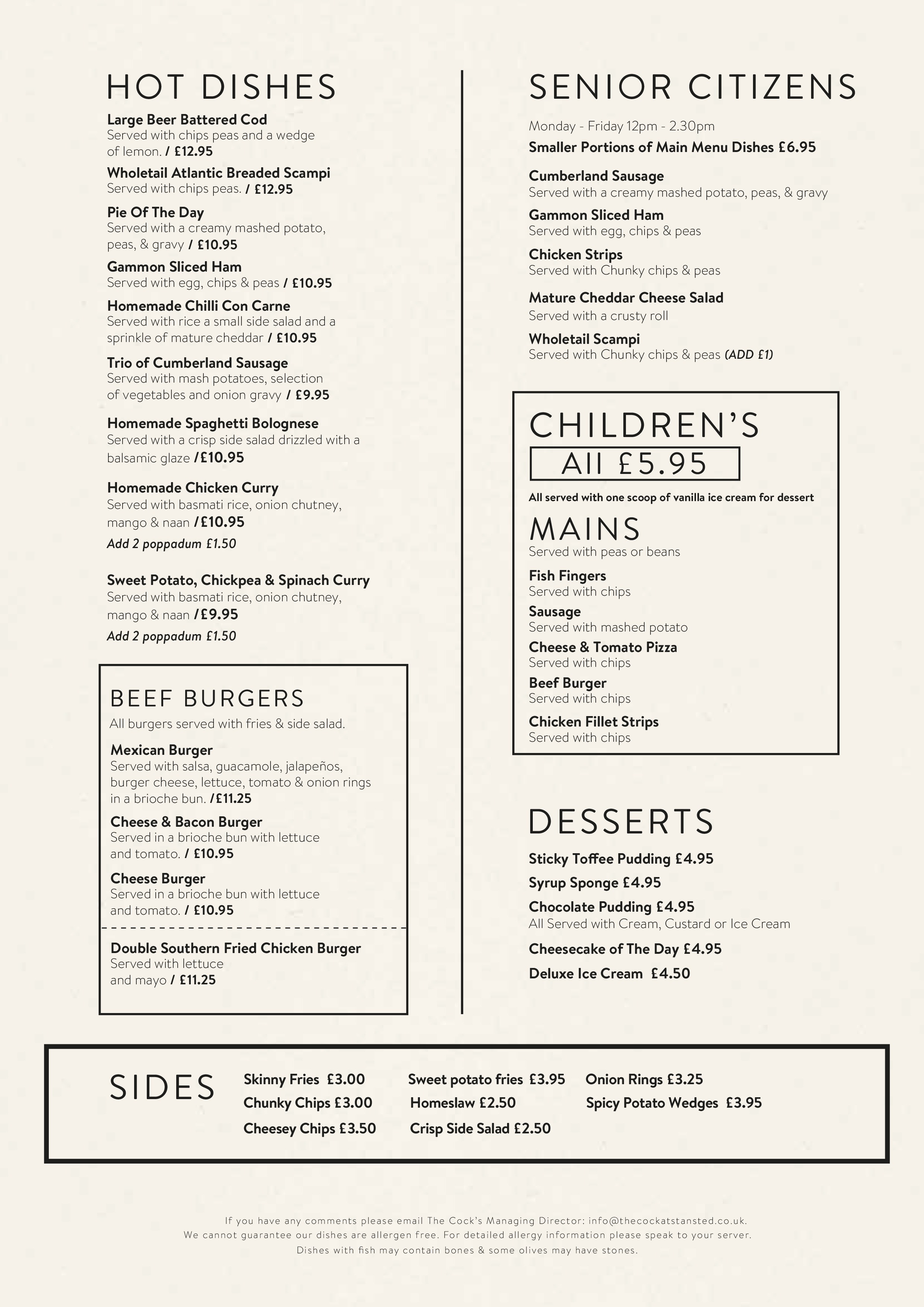 Menus - The Cock at Stansted